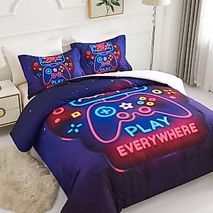Koniroom Gaming Comforter Set Full/Queen Size, Gamer Bedding Sets for Kids Teen Boys with Play Everywhere Game Contoller Themed Printing, Reversible Comforter 3 Pieces with 2 Pillow Shams