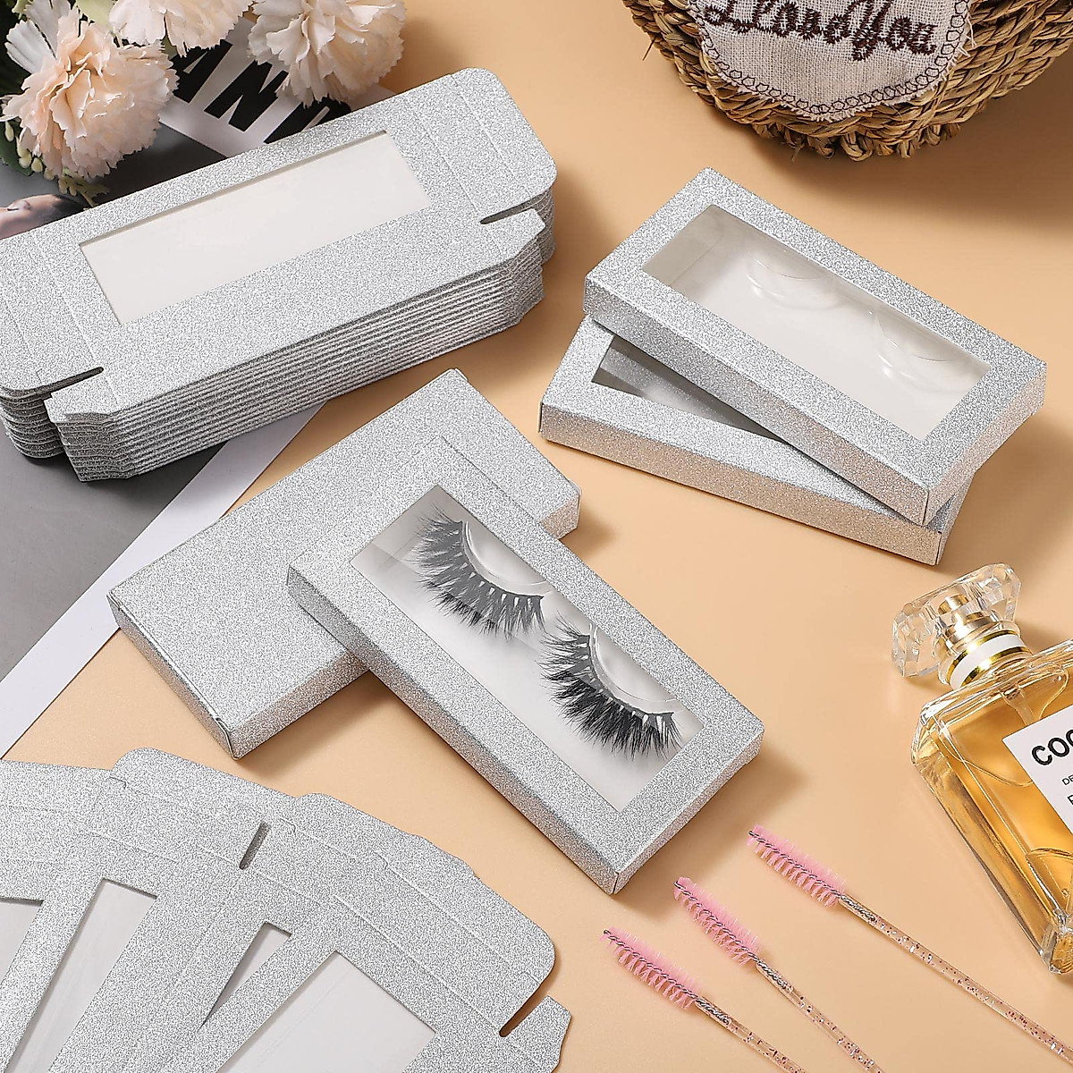 Noverlife 60PCS Empty Eyelash Packaging Box and Tray, 30 False Eyelash Storage Case 30 Transparent Tray, Lash Packaging Storage Container Lash Case Holder Tray Fake Lashes Holder Set - Glitter Silver