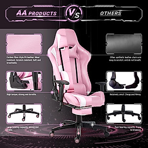 AA Products Gaming Chair Ergonomic High Back Computer Racing Chair Adjustable Office Chair with Footrest, Lumbar Support Swivel Chair - WhitePink