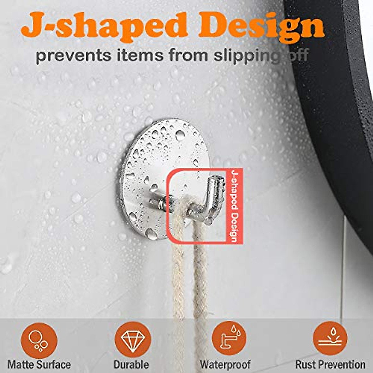 5 Packs Black Adhesive Wall Hooks, Veriya Waterproof Hook Door Hanger, Heavy Duty Wall Hook for Hanging Robe Coat Towel Keys Bags, Bathroom Toilet Kitchen Office Closet Cabinet