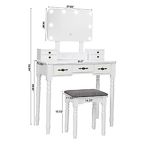 BEWISHOME Vanity Desk with Mirror and Lights, Makeup Vanity with Lights, Vanity Table with 8 LED Bulbs & 3 Colors Lighting, White Vanity Set with 7 Drawers & Stool, Dressing Table Makeup Desk FST13W