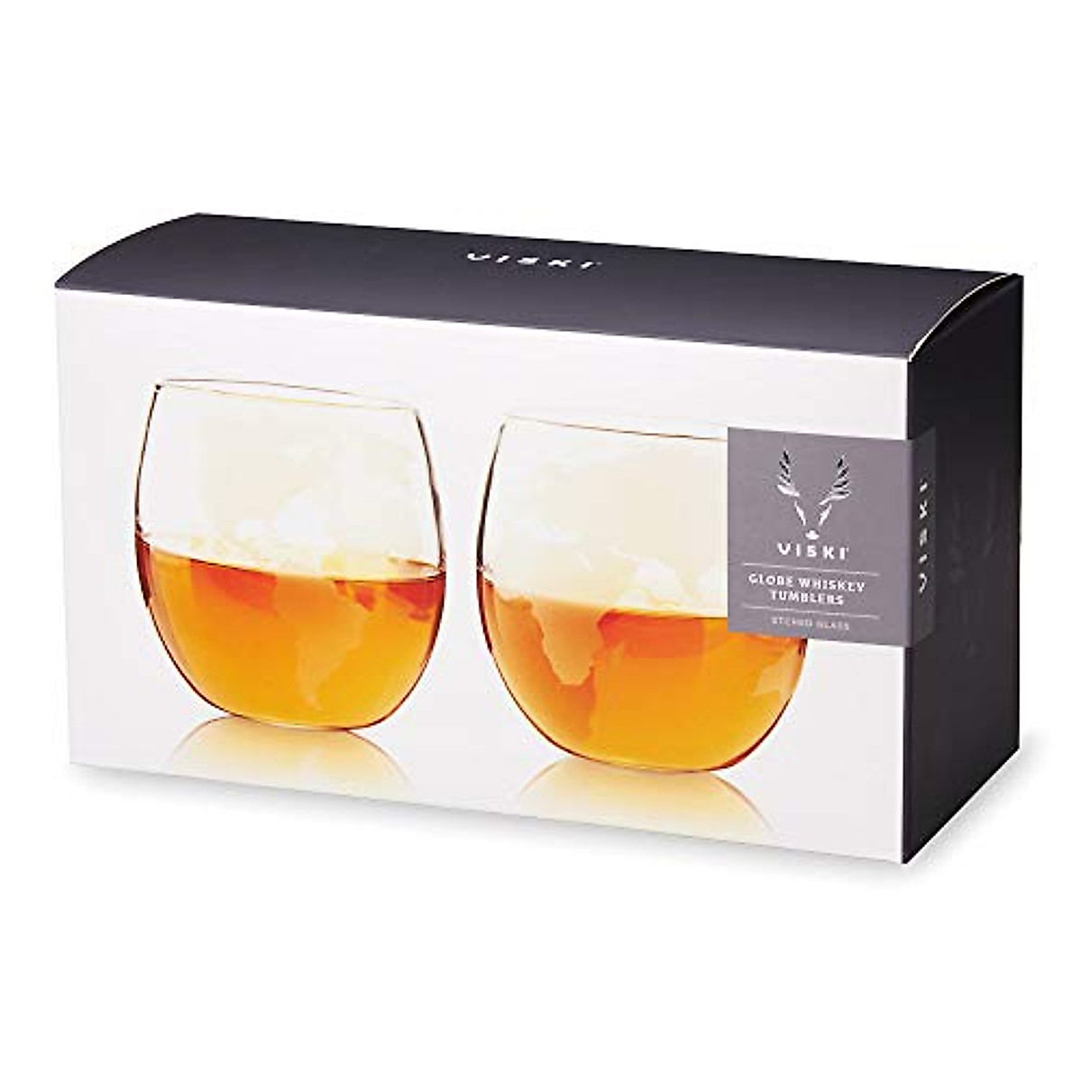 Viski Globe Glass Whiskey Tumblers, Etched Glass Whiskey Enthusiast Gift and Glassware Accessory, 12 oz, Set of 2