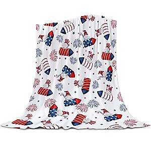 July 4th American Flag Throw Blanket Flannel Fleece, Soft Plush Cozy Baby Blankets, Blue Red Fireworks Gnome Blankets Throws Warn Fuzzy Blanket for Couch/Sofa/Chair/Travel 40"x50"