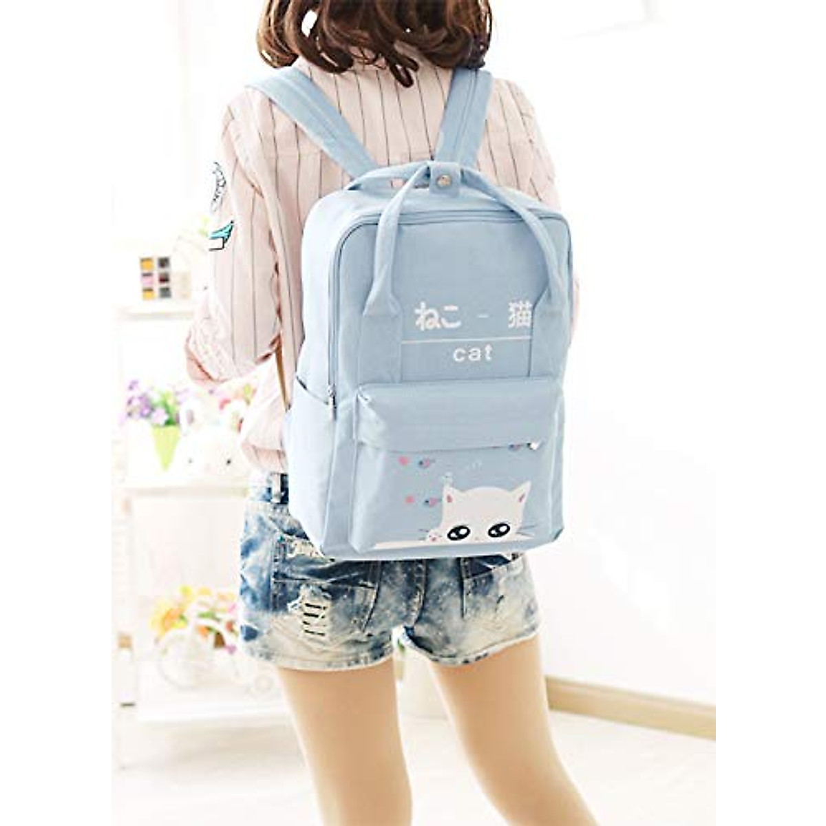 Women Girls Japanese And Korean Style Bags Cute Cat Canvas School Backpack (Blue)