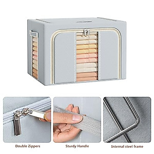 VAN CADENE 66L Clothes Storage Bins Metal Frame Clothes Storage Organizer Bedding Storage Bags with Zipper and Clear Windows, Oxford Closet Organizers and Storage Boxes (3 Pack)