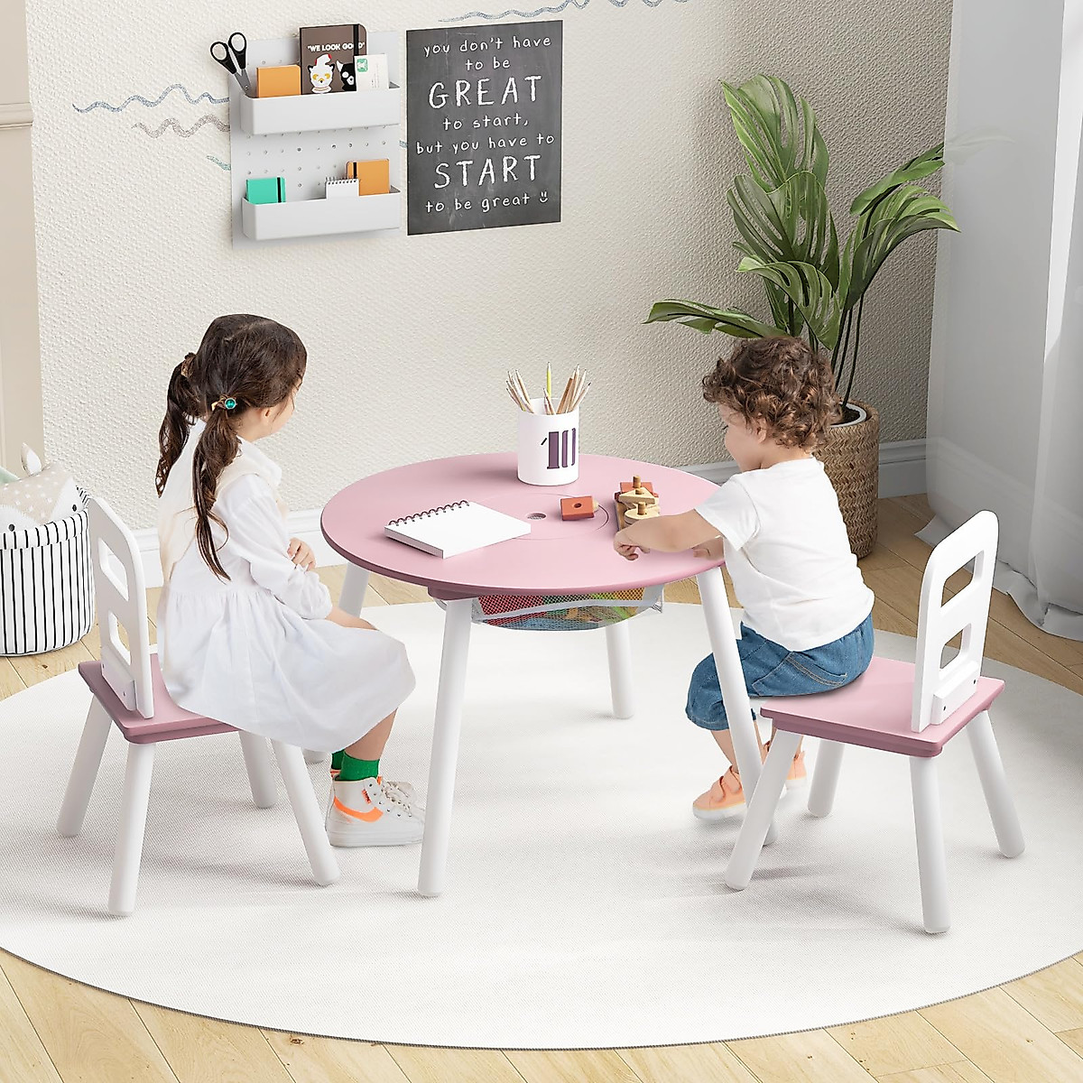 Costzon Kids Table and Chair Set, Wood Activity Table w/Center Mesh Storage, Children Furniture Gift for Boys & Girls, Ideal for Arts, Crafts, Snack Time, Homework, Toddler Table and Chair Set (Pink)