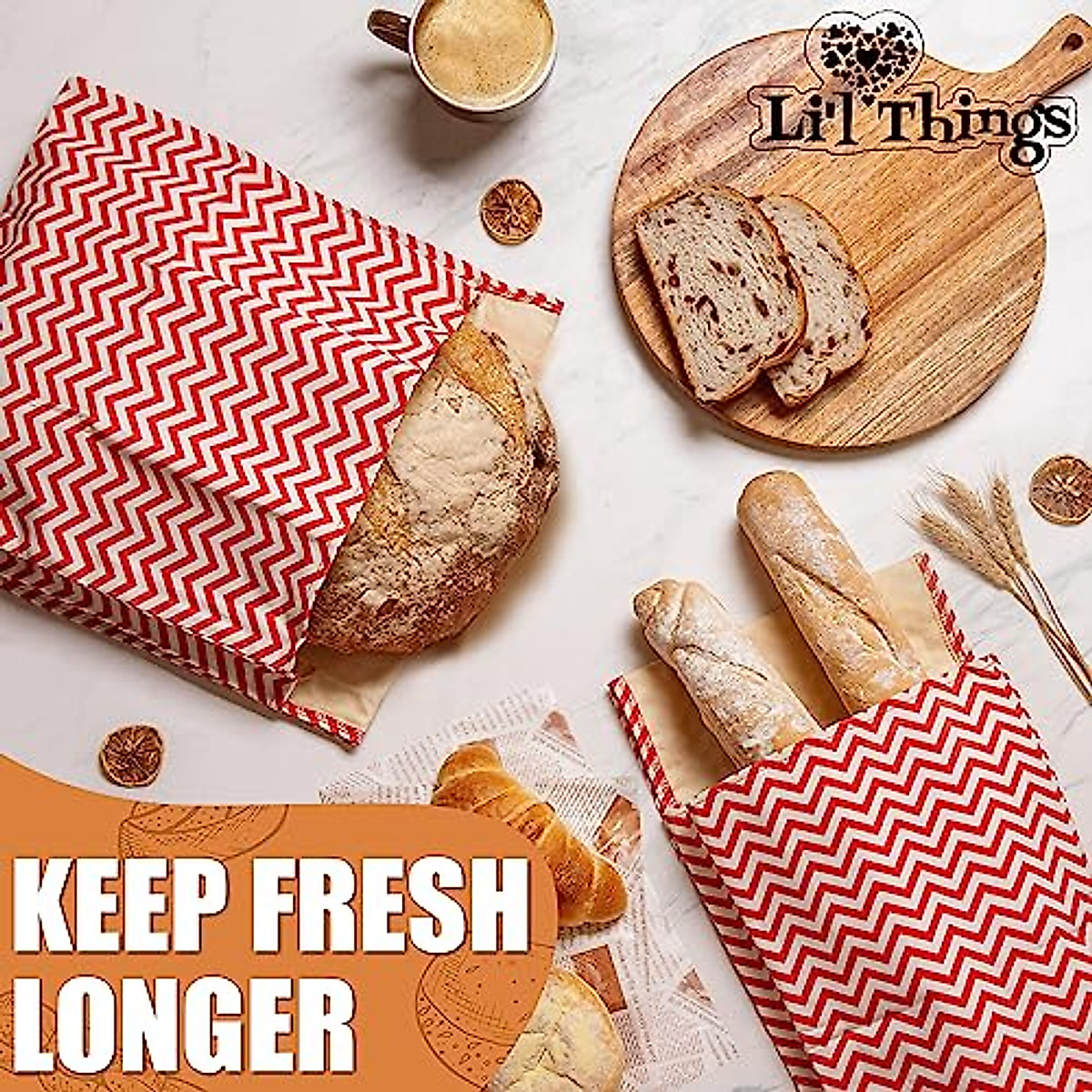 Li'l Things Eco-friendly Reusable Beeswax Bread bags | Set of 2 Sizes 13'x13' & 15’x 9’ | 6 Different Themes | Perfect Bag for Home-Baked | Store-Bought Bread | No Plastic | Red Zig Zag