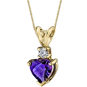 PEORA 14K Yellow Gold Amethyst with Diamond Pendant for Women, Genuine Gemstone Birthstone, Heart Shape Solitaire, 6mm, 0.75 Carat total