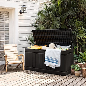 Flamaker Outdoor Storage Box 85 Gallon Resin Waterproof Deck Box with Wood Texture Large Storage Bin for Patio Cushions (Black)