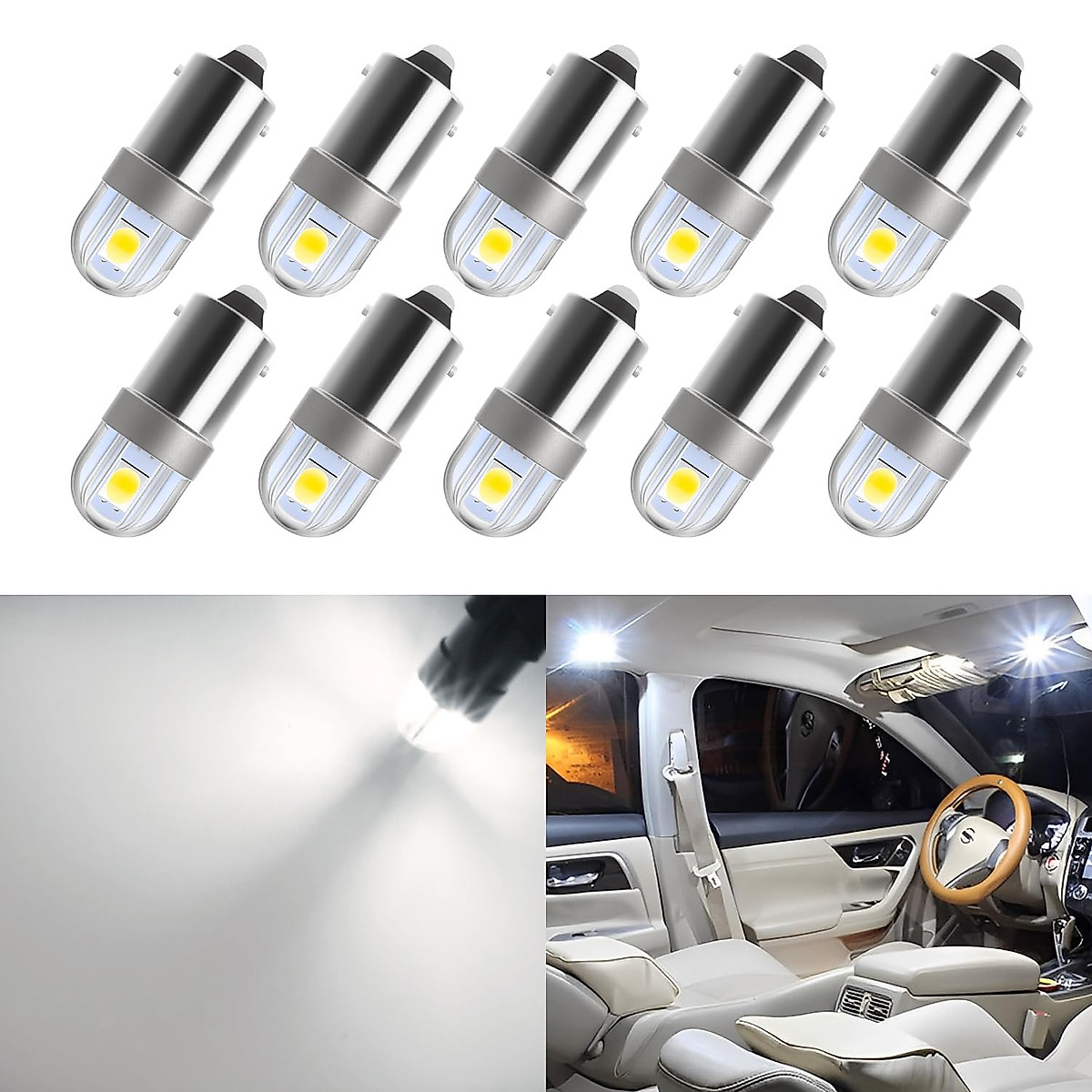 AUXLIGHT BA9S BA9 1895 1891 53 57 64111 3893 47830 Error Free LED Bulb, Super Bright 3030-SMD Interior Car Bulbs Replacemet for Dome Map License Plate Glove Box Lights (6000K White, Pack of 10)