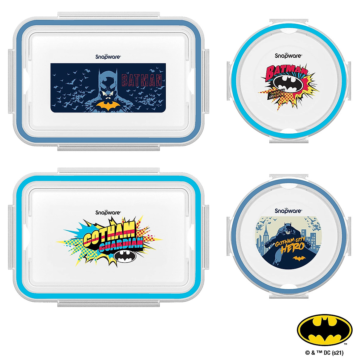 Snapware 8-Pc Plastic Food Storage Containers Set, 4.6-Cup & 3-Cup Meal Prep Containers with Lid, Non-Toxic, BPA-Free Lids with 4 Tab Locking Lids, Dishwasher, Microwave, and Freezer Safe, Batman