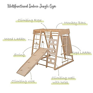 Giant bean Medium Size Indoor Playground Jungle Gym for 2-5yrs Kids, Toddlers Climber Toys 8-in-1 with Slide, Rock Climb Wall, Monkey Bars, Wood & Rope Ladder, Climbing Rope & Wall and Swing