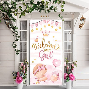 INNORU Welcome Baby Girl Door Banner Decor, Gender Reveal Party Decor, Baby Shower, Girl Theme Birthday Party Photo Booth Backdrop Background Supplies