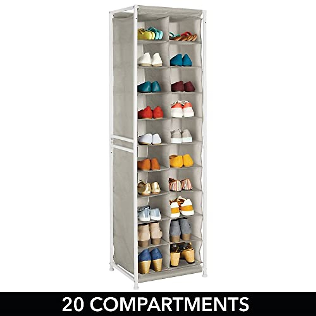 mDesign Vertical Fabric and Metal Standing Shoe Tower Rack & Organizer - 10-Tier Shoe Stand - Holds 20 Pairs of Mens, Womens and Kids Shoes, Easy Assembly - Closet Organization - Linen