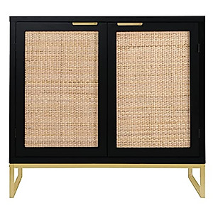 Anmytek Modern Accent Storage Cabinet with 2 Rattan Doors, Mid Century Buffet Sideboard for Living Room Black/Gold, H0046