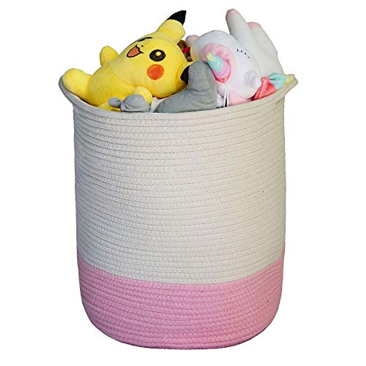Dealone Pink Woven Rope Tall Toys Storage Basket with Handles Blankets Clothes Towels Laundry Basket Nursery Organizer Bins