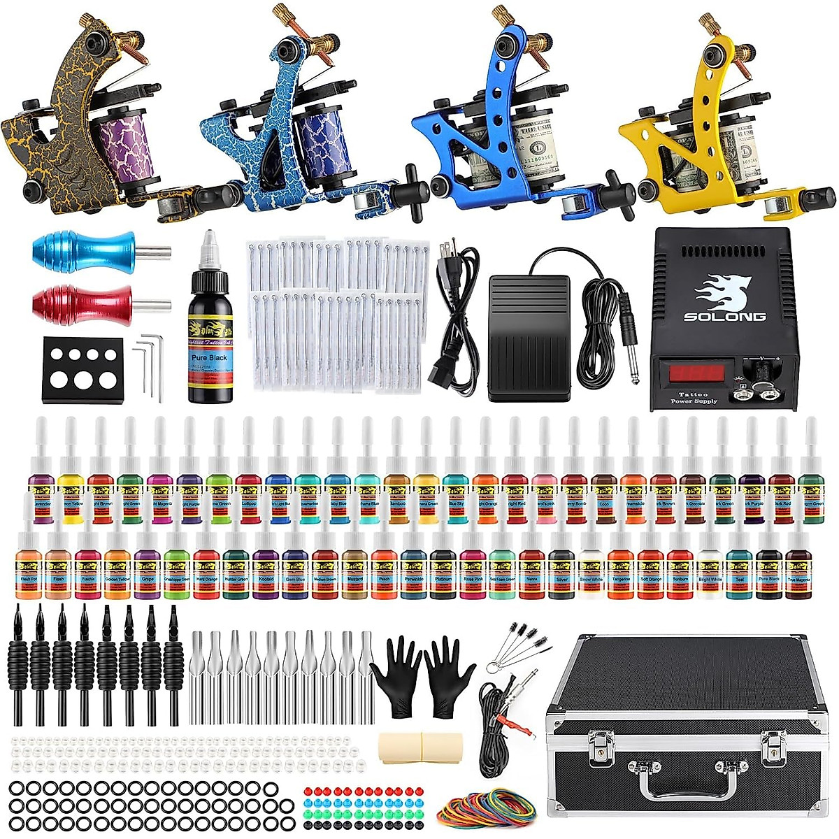 Solong Tattoo Complete Tattoo Kit 4 Pro Machine Guns 54 Inks Power Supply Foot Pedal Needles Grips Tips Carry Case