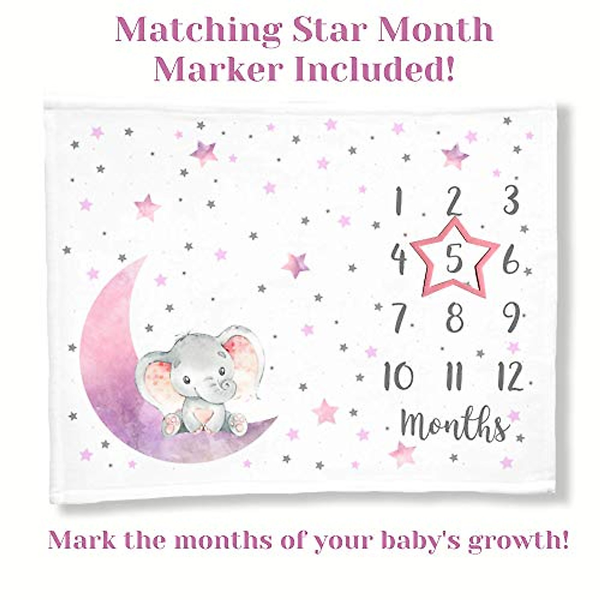 Elephant Baby Milestone Blanket Headband, Month Marker, Newborn Photography Background Mat Photo Prop, Calendar Growth Tracker Chart, I Love You to The Moon and Back Stars Nursery (Pink, Minky 50x40)