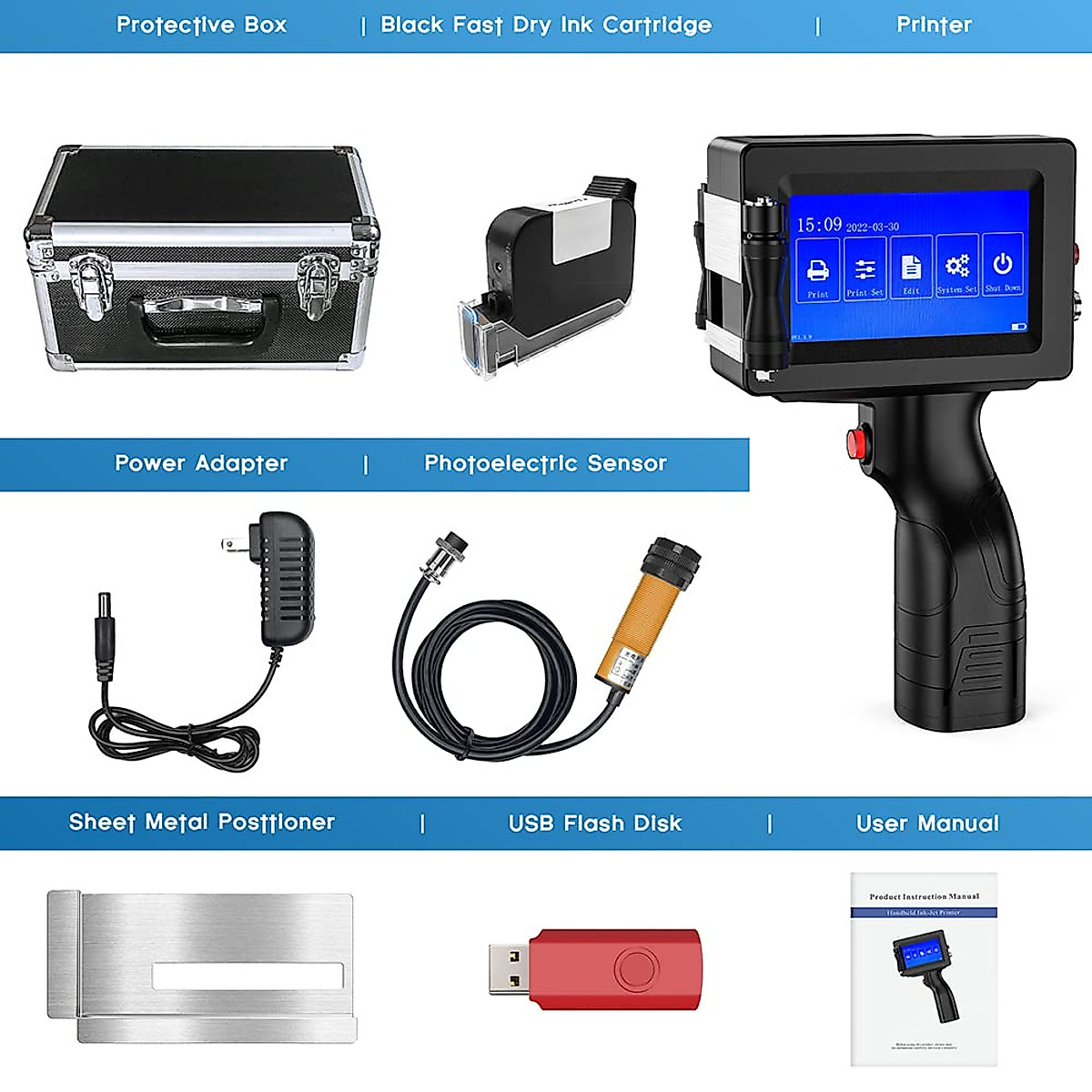 BESHENG Handheld Inkjet Printer JS12H1 with Touch Screen Inkjet Coder with Quick-Drying Ink Handheld Printer Printing Height 0.08-0.5Inch for Variable Text QRCode/Date/Barcode/Logo/Batch Number/Label