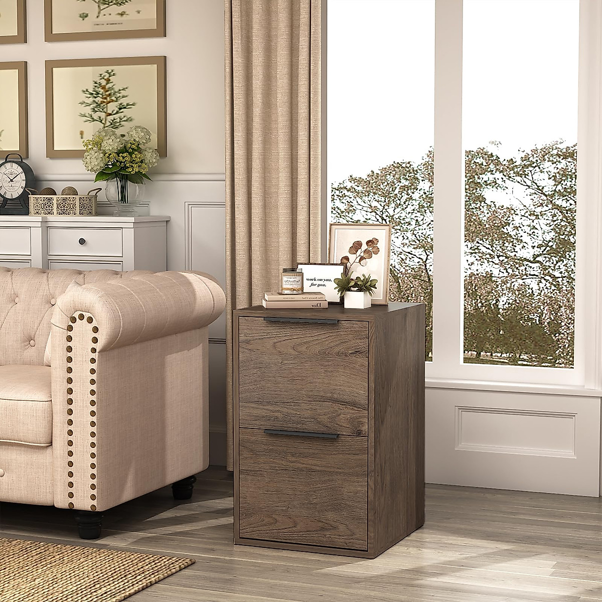 GREATMEET Two Drawer File Cabinet, Vertical Filing Cabinet, Small Wood File Cabinets for Home Office, 2-Drawer Under Desk, Printer Stand, Grey