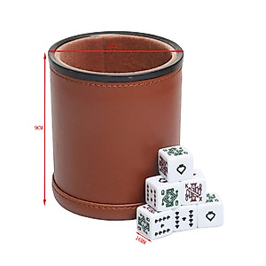 Leatherette Dice Cup and 6 White Dices Felt-Lined Quiet Shaker for Yahtzee/Farkle/Liars Dice Game