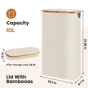 Slim Laundry Hamper with Lid 60L, Dirty clothes Hamper for Laundry Basket Collapsible, Thin Laundry Hamper with Removable Bag & Bamboo Handles, Narrow Laundry Hamper for Small Space