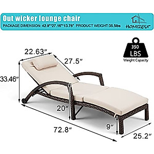 HOMREST Chaise Lounge Chairs Set of 2 for Outside, Adjustable 5 Position Outdoor PE Rattan Wicker Patio Pool Lounge Chair with Arm, Cushion, Pillow and Wheels for Poolside Backyard Deck Porch,Khaki