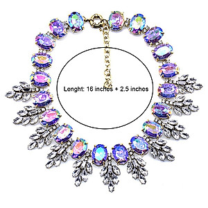 Zthread Luxury Colorful Crystal Statement Necklace Leaf Pendant Choker Eveing Dress Bridal Jewelry Necklace Earrings Set for Women (Purple)