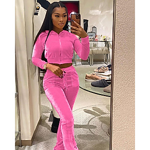Womens Velour Hoodie Jogger Tracksuit Two Piece Outfits for Women, Long Sleeve Full-Zip Up Crop Tops Jacket Flared Pants Matching Set Sportswear Jogging Sweatsuit Pockets Patchwork Glitter Stripe