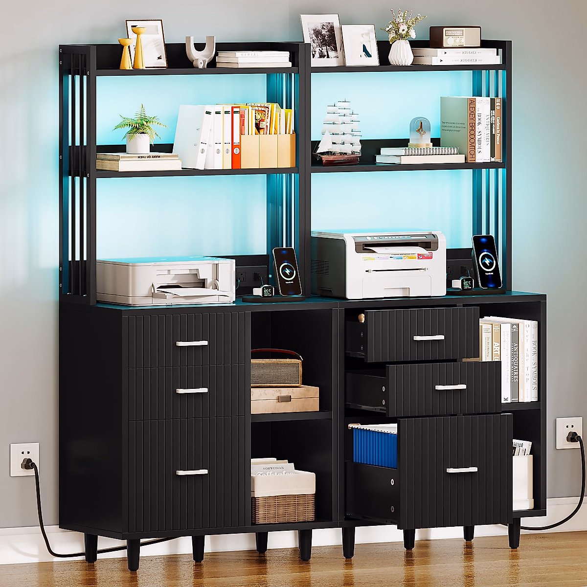 YITAHOME 3 Tier Bookcase, Bookshelf with Lighting, File Cabinet with Charging Station, 3 Drawer Wood Filing Cabinet, Printer Stand with Open Storage Shelves for Home Office, Black