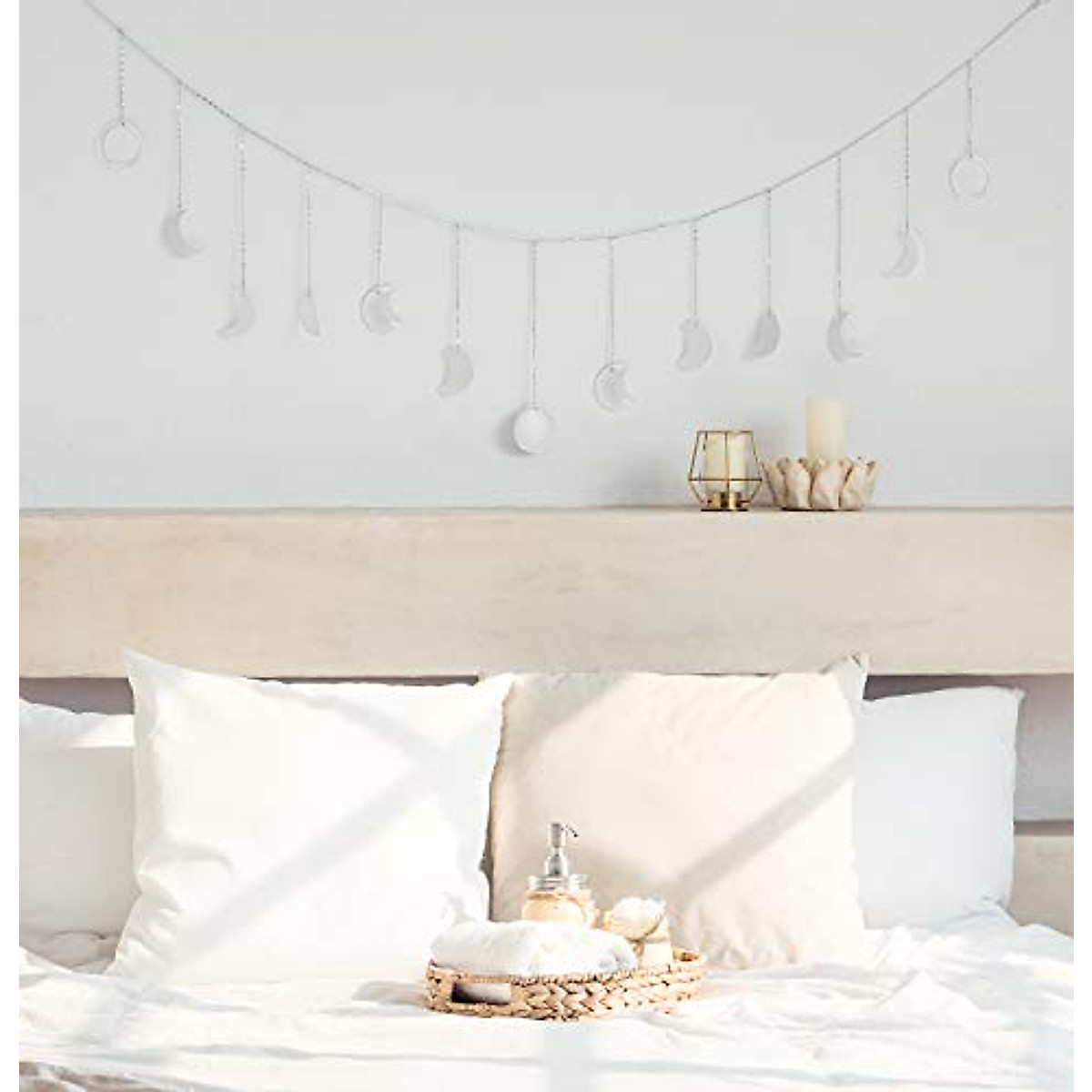 Mkono Moon Phase Wall Hanging Boho Aesthetic Room Decor Metal Moons Garland Hanging Art Bohemian Home Decoration for Girls Room Nursery Bedroom Livingroom Dorm, Ideal Gift, Silver, 55"