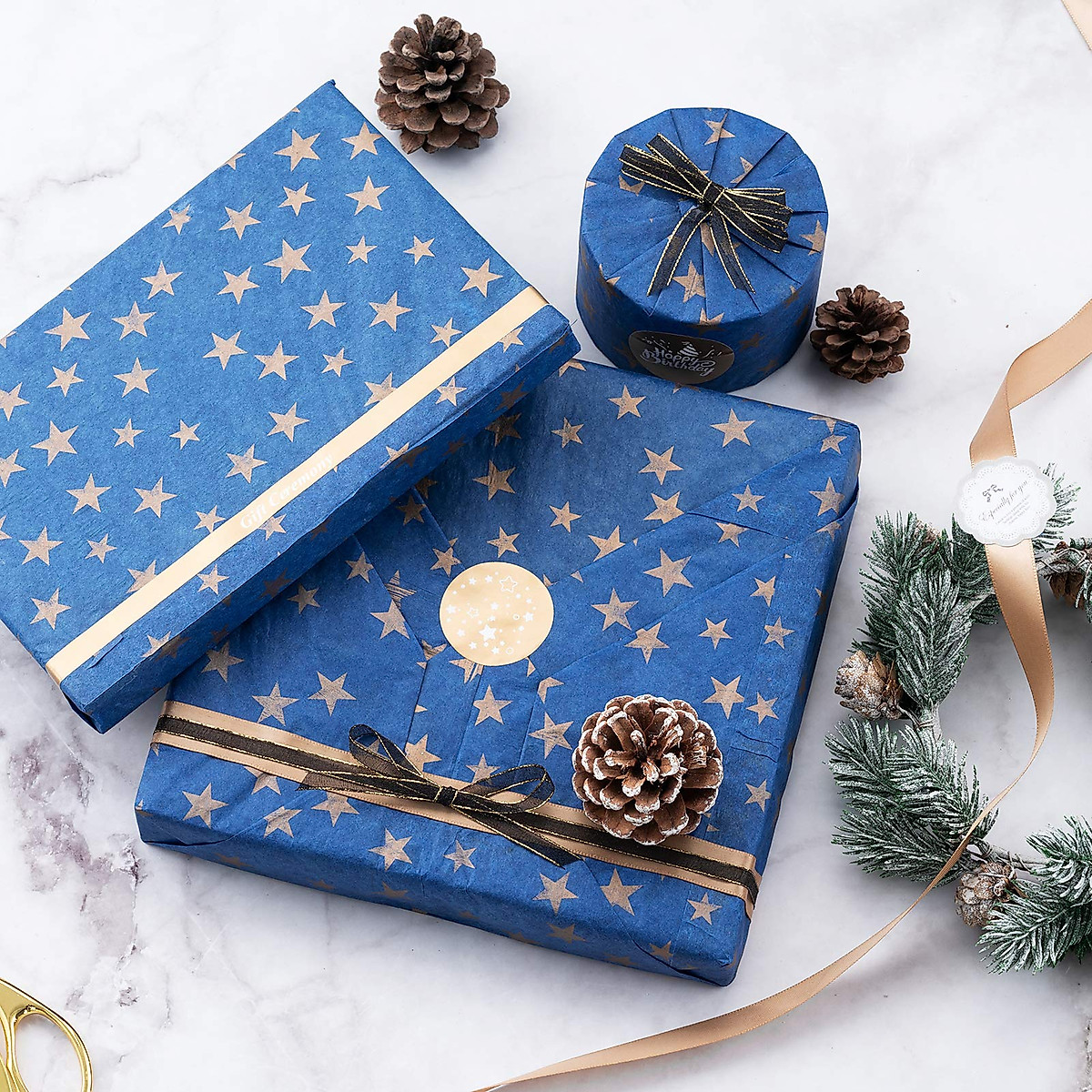 Aimto Gold Star Navy Blue Tissue Paper Gift Wrapping Paper for DIY Art Craft Decoration Gift Packaging - 27.5inch x 19inch (50 Sheets)