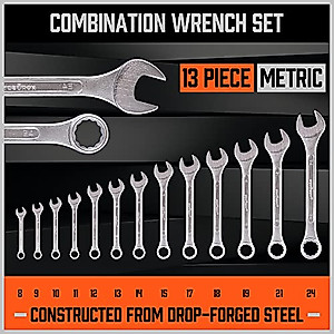 HORUSDY 26-Piece Wrench Set | Combination Wrench Set with Roll-up Pouch | SAE 1/4” - 1” and Metric 8mm - 24mm Wrench Set Metric and Standard