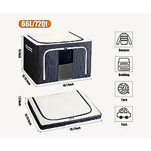 Furnhome Clothes Storage Organizer Bins Containers , Foldable Stackable Storage Bins-Oxford Cloth Steel Frame Storage Box for Clothing Storage with Foldable Clear Window & Reinforced Handles (Navy Dots, 66L, 3PCS)…