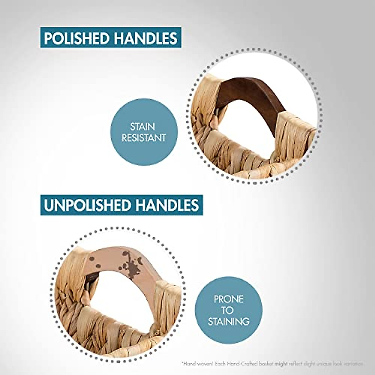 ADO Basics Large Water Hyacinth Hand Woven Basket with Stain Resistant Polished Wooden Handles, Storage Wicker Baskets 15" Length, 10.6" Width, 5.3" Height, Set of 2