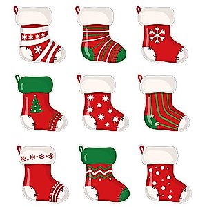 Whaline Christmas Mini Colorful Cut-Outs 45Pcs Assorted Xmas Stocking Cut-Outs 9 Designs Name Tag Reward Cards Holiday Classroom Decoration for Bulletin Border Office Party Favor Supplies