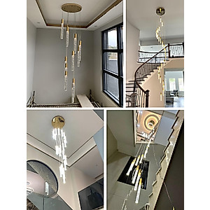 12 Lights 118" Modern High Ceiling Chandelier Crystal Gold Light Fixtures Dimmable Long Hanging Pendant Lighting Fixtures for Staircase Living Room Foyer Hallway Flush Mount Ceiling Light Polished