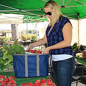 CleverMade EcoBasket 30 Liter Reusable Tote Bag with Reinforced Bottom: Collapsible Grocery Shopping Basket, Blue/Grey, 3 Pack