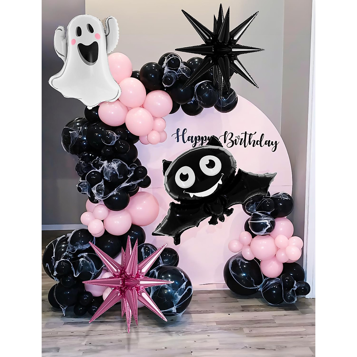 Pink Halloween Balloon Garland Arch Kit,130pcs Halloween Pink Black Silver Balloons With Starburst,Ghost,Bat Foil Balloons for Girl,Birthday,Baby Shower,Spooky One,Halloween Party Decorations