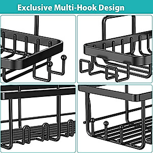 PLOOHT Shower Caddy 6 Pack, Upgraded Stronger Adhesive Shower Organizer, 13in Large Capacity Shower Shelves for Inside Shower, Rustproof Stainless Steel Bathroom Shelves with 10 Hooks, Black