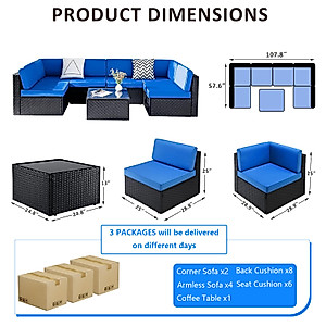 Waleaf 7 Pieces Outdoor Furniture Rattan Sectional Patio Sofa, Outdoor Indoor Backyard Porch Garden Poolside Balcony Wicker Conversation Set with Table (Dark Blue)