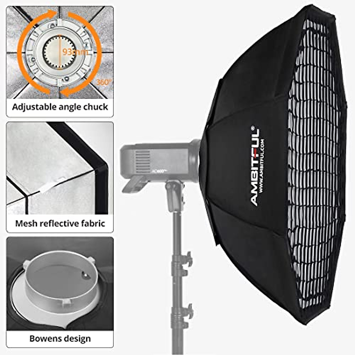 AMBITFUL 24"x 35" 60 x 90cm Honeycomb Grid Softbox Soft Box for Photo Studio Bowens Mount Flash Lighting and S-Type Bracket Bowens Mount Holdernt (2PCS) (FW95CM)