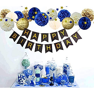 InBy 17pcs Navy Blue and Gold Party Decoration Kit for Baby Boy Shower Men Women Birthday Decoration Happy Birthday Banner 12" 10" 8" Tissue Paper Flower Pom Poms Lantern Honeycomb Ball
