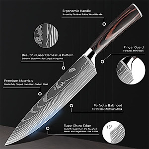 SENKEN 8-piece Premium Japanese Kitchen Knife Set with Laser Damascus Pattern - Imperial Collection - Chef's Knife, Santoku Knife, Bread Knife, Paring Knife & More, Ultra Sharp for Very Fast Cutting