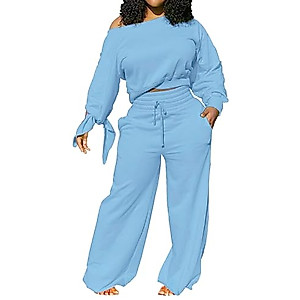 sexycherry Two Piece Sets for Women Sexy Light Blue One Off Shoulder Long Tie Knot Sleeve Wide Leg Long Sweatpants Sweatsuits with Pockets (X-Large)