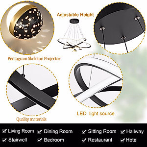 Modern LED Chandelier, 3 Rings Chandelier for Living Room with Remote Control , 3-Ball Dimmable chandelier with Mappable Lighting, High Ceiling Hanging Restaurant LED Chandelier for Dining Room