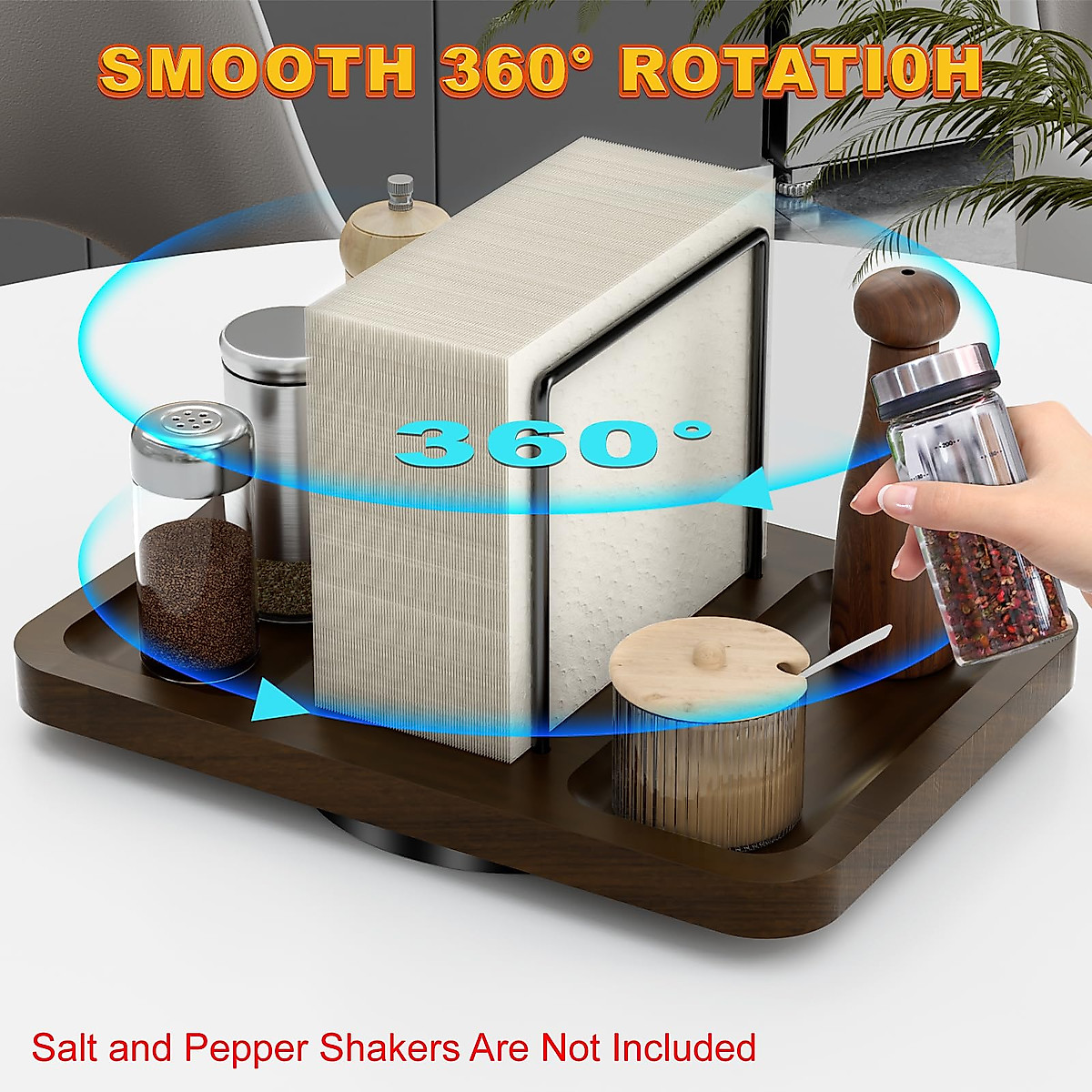 Gomyrod Napkin Holder for Table, Rotating Metal Standing Napkin Dispenser with Salt and Pepper Shakers Caddy Standing Paper Napkin Storage for Kitchen Dining Table Decor Not Including Shakers