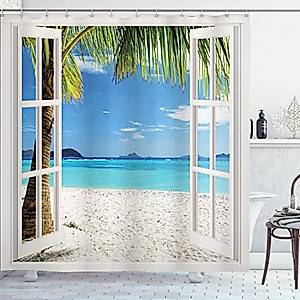 Ambesonne Turquoise Shower Curtain or Backdrop Tropical Palm Trees on Island Ocean Beach Through Wooden Windows Cloth Fabric Decor Set with Hooks for Home Dorm Bathroom 69" W x 75" L Blue Green White