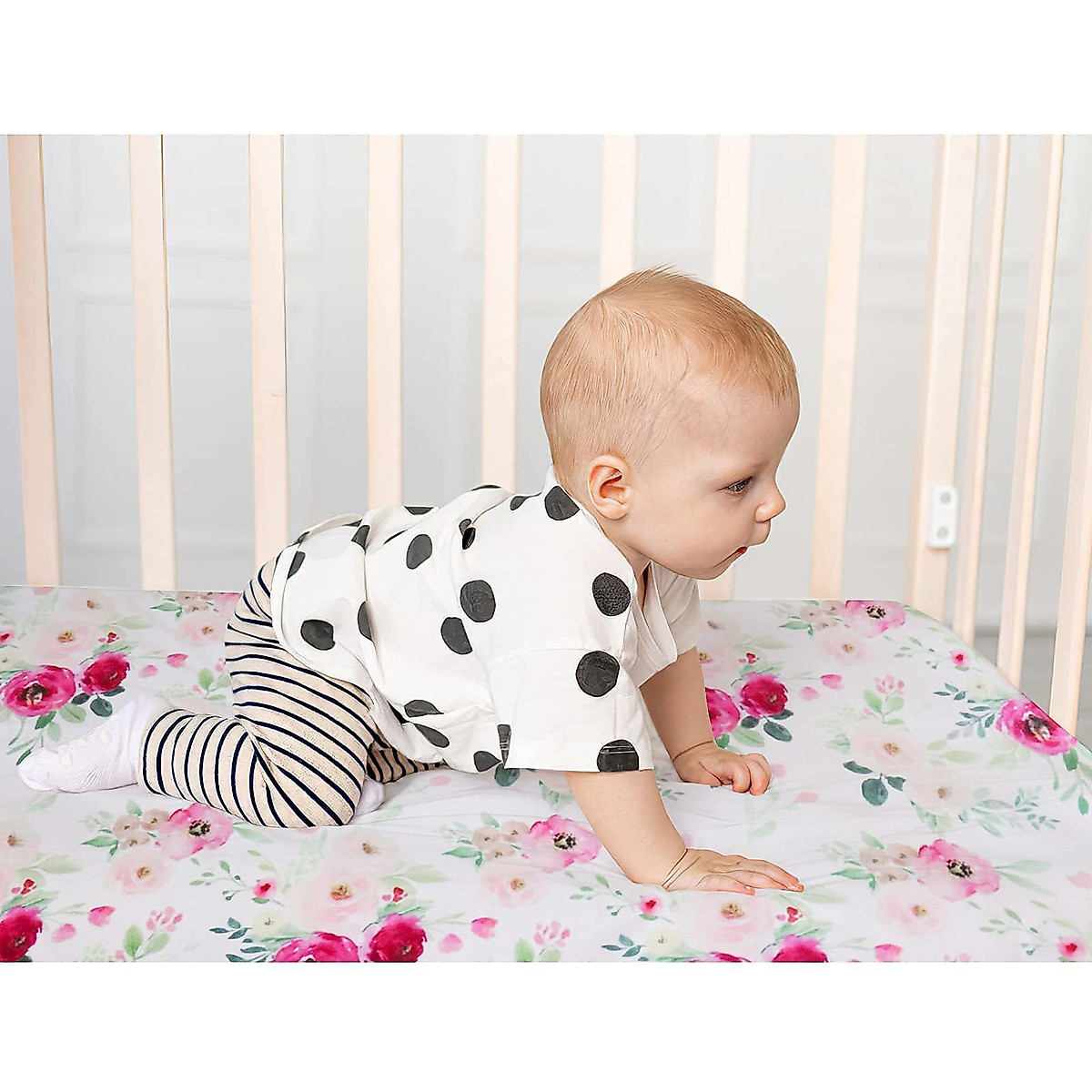 Girl Crib Sheet and Changing Pad Cover, Floral Nursery Bedding, Flower Sheets for Baby Toddler Mattress