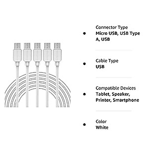 SMALLElectric Micro USB Cable (5-Pack, 6FT) Android Charger, Micro USB Charger Cable Long Android Phone Charger Cord for Samsung Galaxy S7 S6 Edge J7 S5,Note 5 4,LG 4 K40 K20,MP3,Kindle,Tablet,White